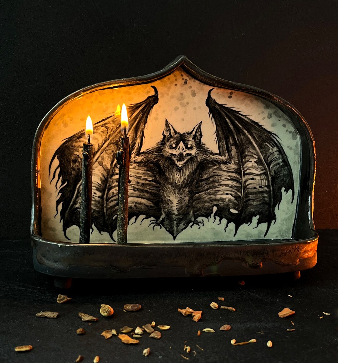 Handpainted Ceramic Altar Shelf/witch Altar With Bat/ritual Ceramics ...