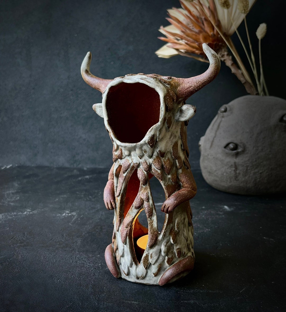 Mystical Red Horned Animal/ceramic Candle Holder/clay Goddes/pottery ...