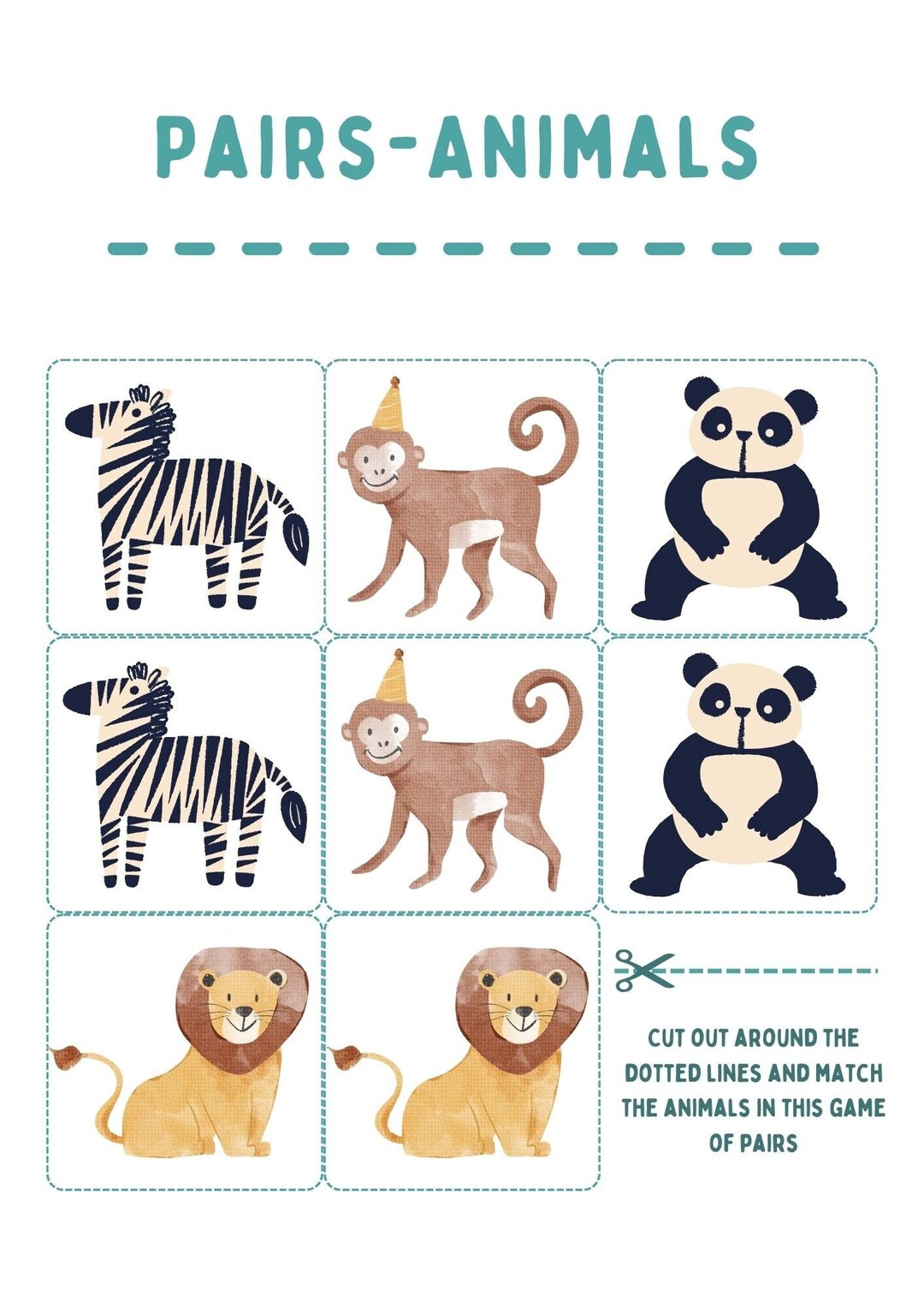 Animal Pairs Memory Game Printable - Etsy
