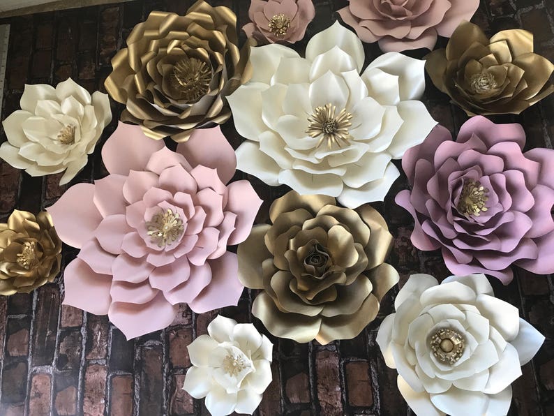 Paper Flowers Set of 12 & 6 Golden Leaves, Colors Blush Ivory and Gold ...