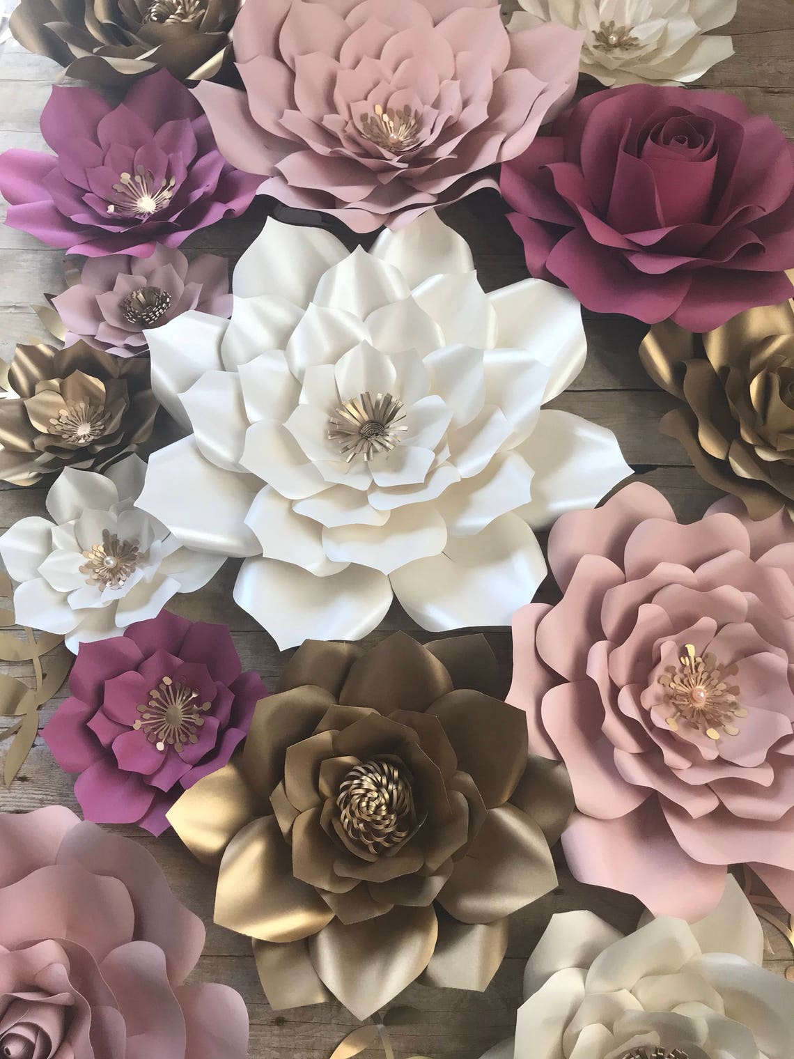 Paper Flowers Set of 15 & 6 Golden Leaves, Colors Blush Ivory and Gold ...