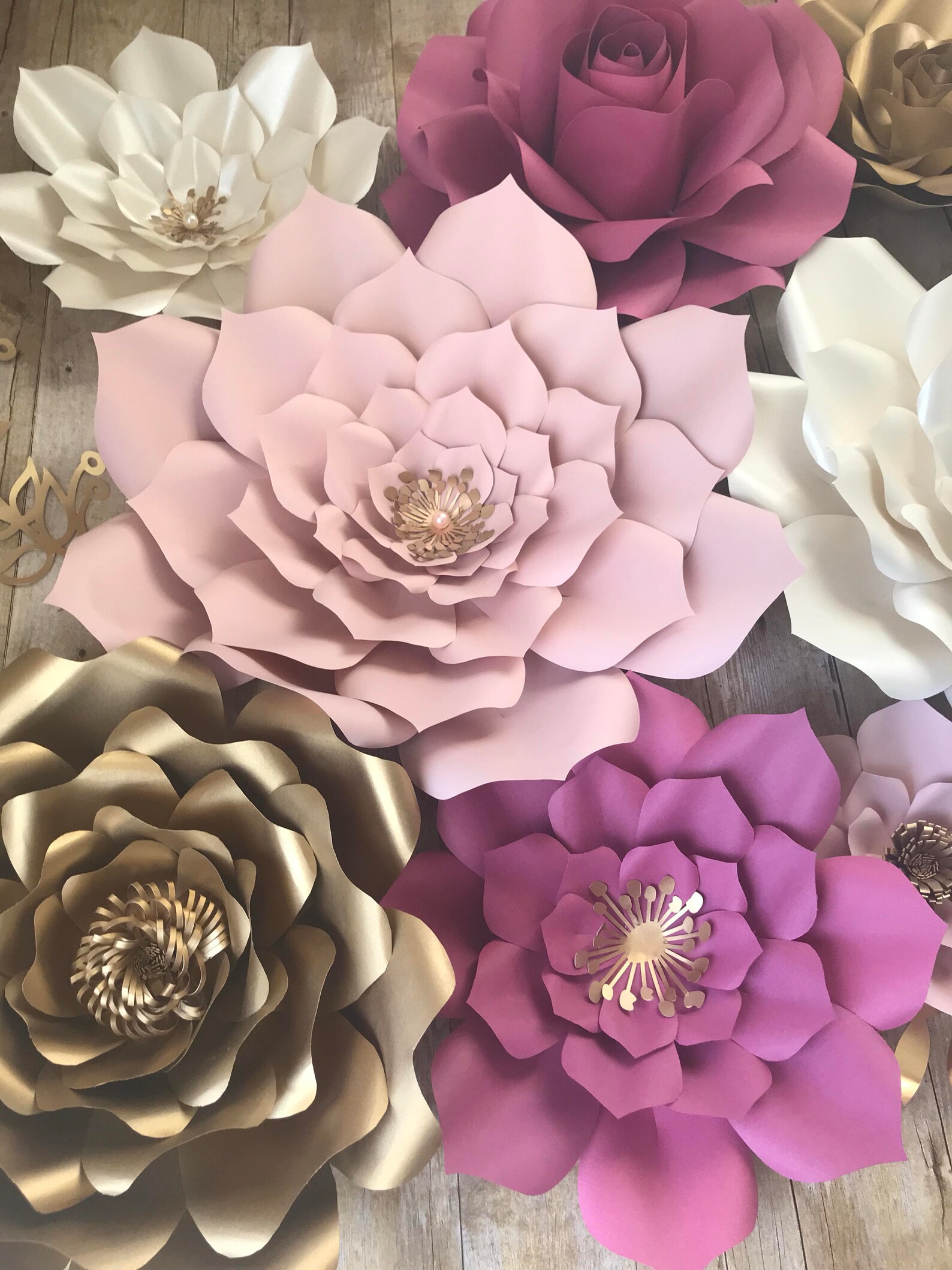 Paper Flowers Set of 15 & 6 Golden Leaves, Colors Blush Ivory and Gold ...