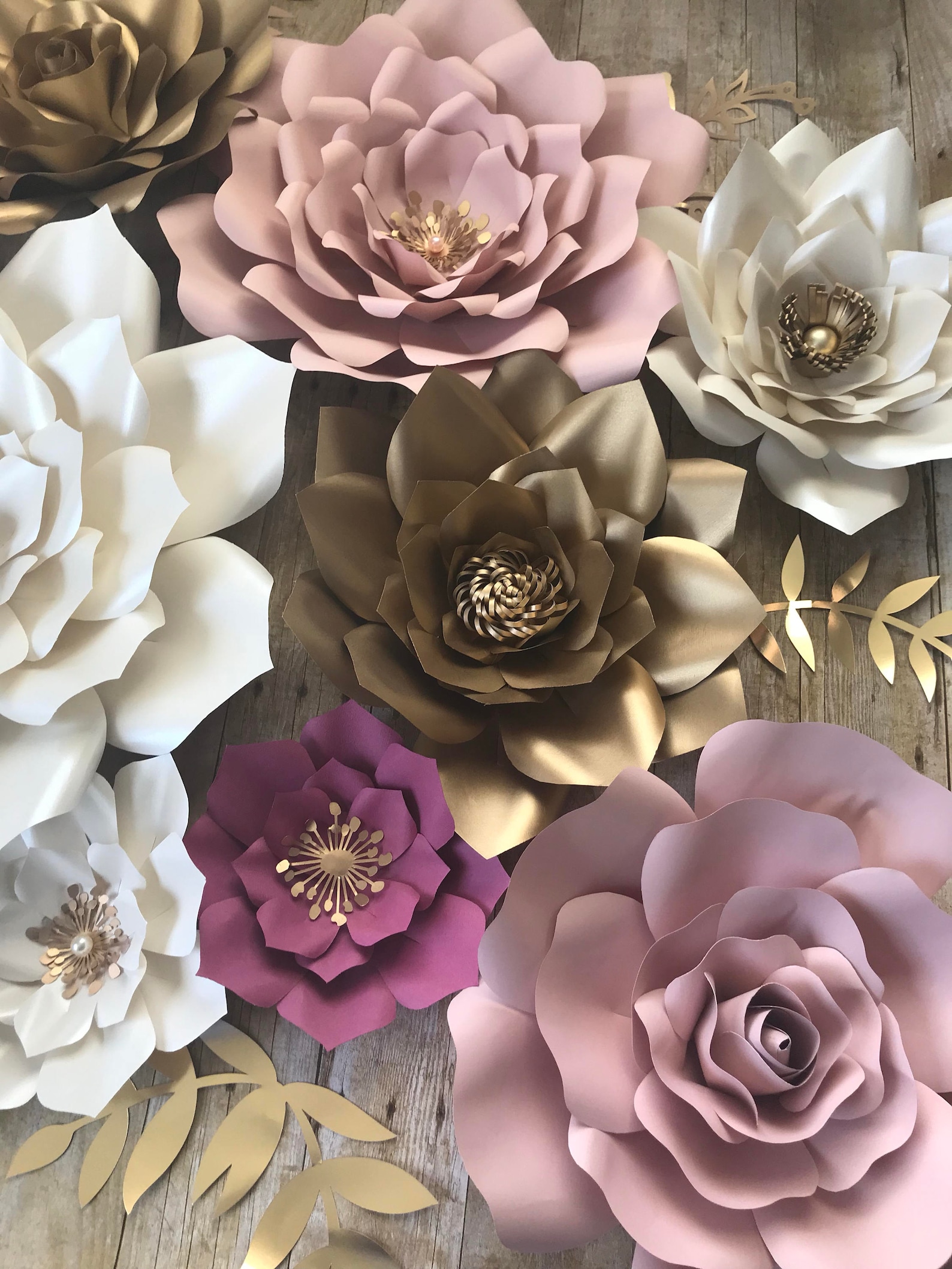 Paper Flowers Set of 15 & 6 Golden Leaves, Colors Blush Ivory and Gold ...