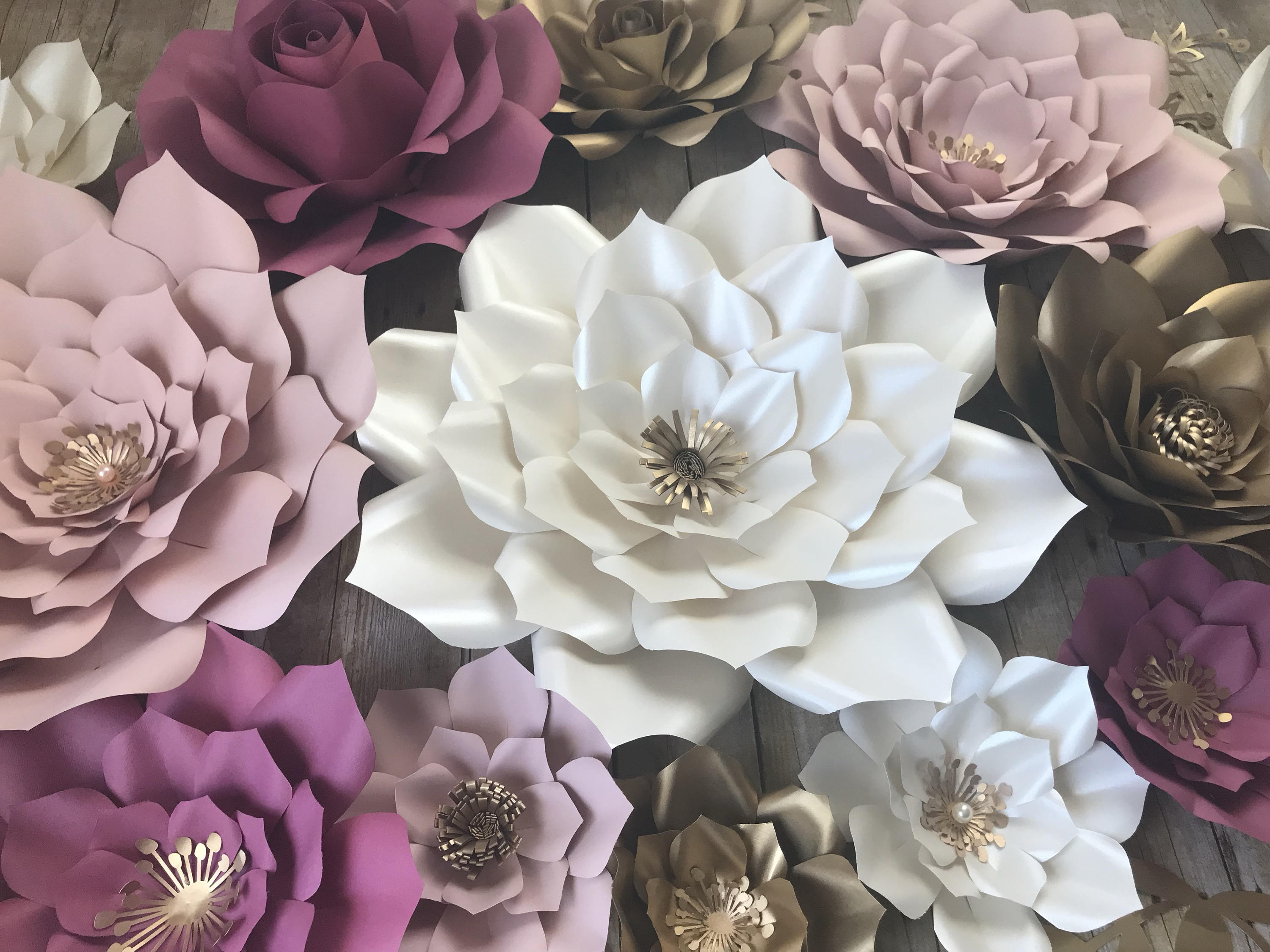 Paper Flowers Set of 15 & 6 Golden Leaves, Colors Blush Ivory and Gold ...