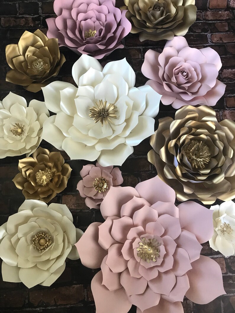 Paper Flowers Set of 12 & 6 Golden Leaves, Colors Blush Ivory and Gold ...