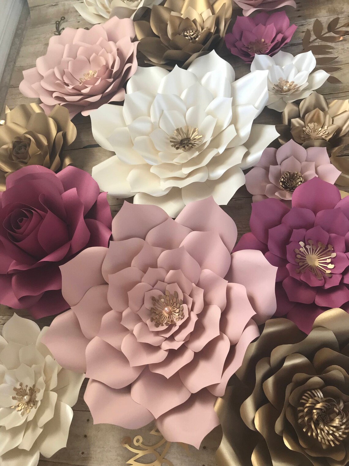 Paper Flowers Set of 15 & 6 Golden Leaves, Colors Blush Ivory and Gold ...