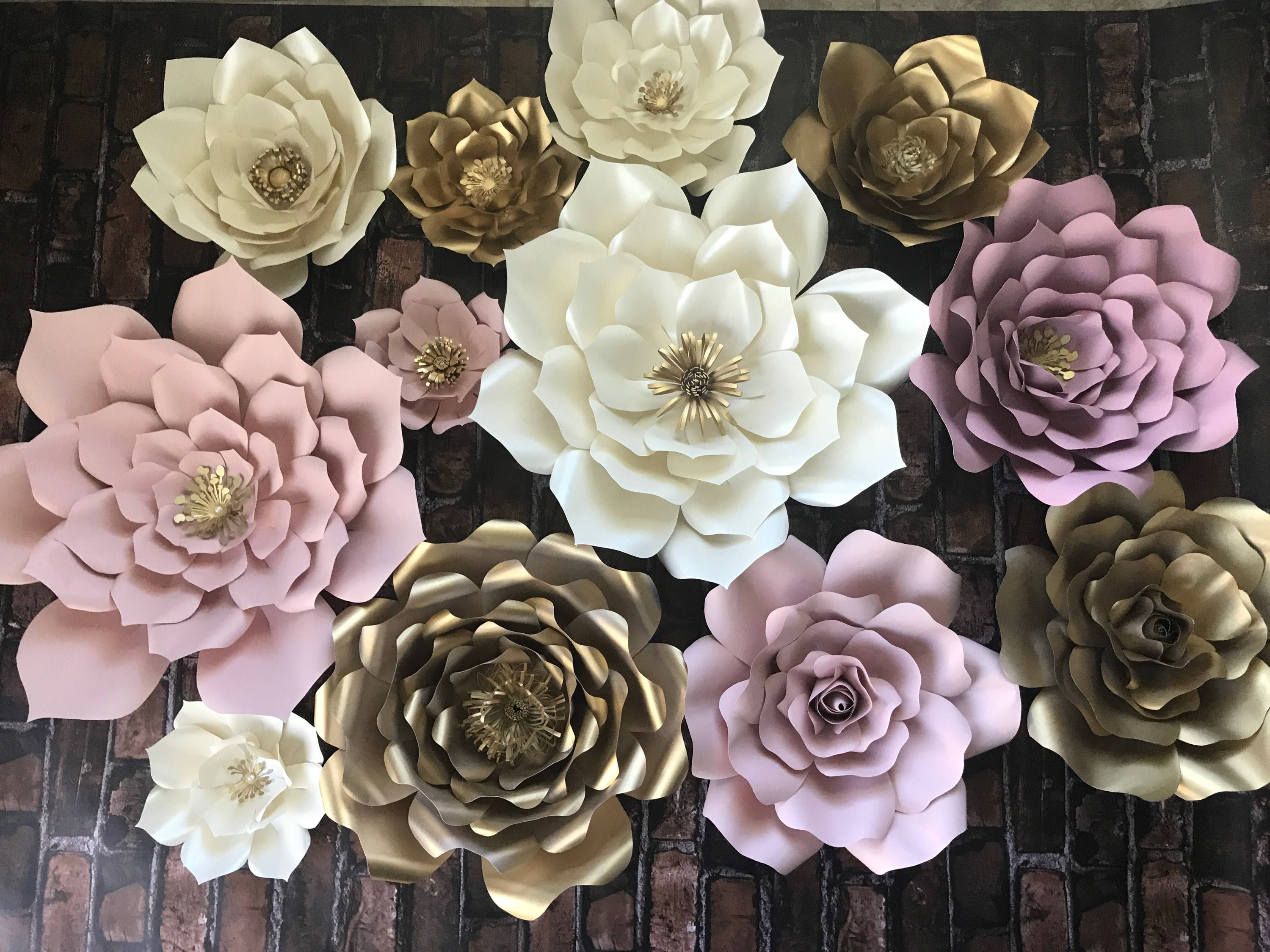 Paper Flowers Set of 12 & 6 Golden Leaves, Colors Blush Ivory and Gold ...