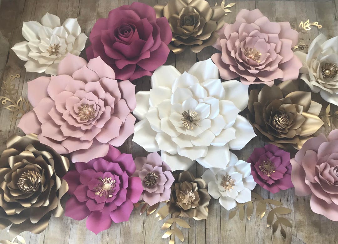 Paper Flowers Set of 15 & 6 Golden Leaves, Colors Blush Ivory and Gold ...