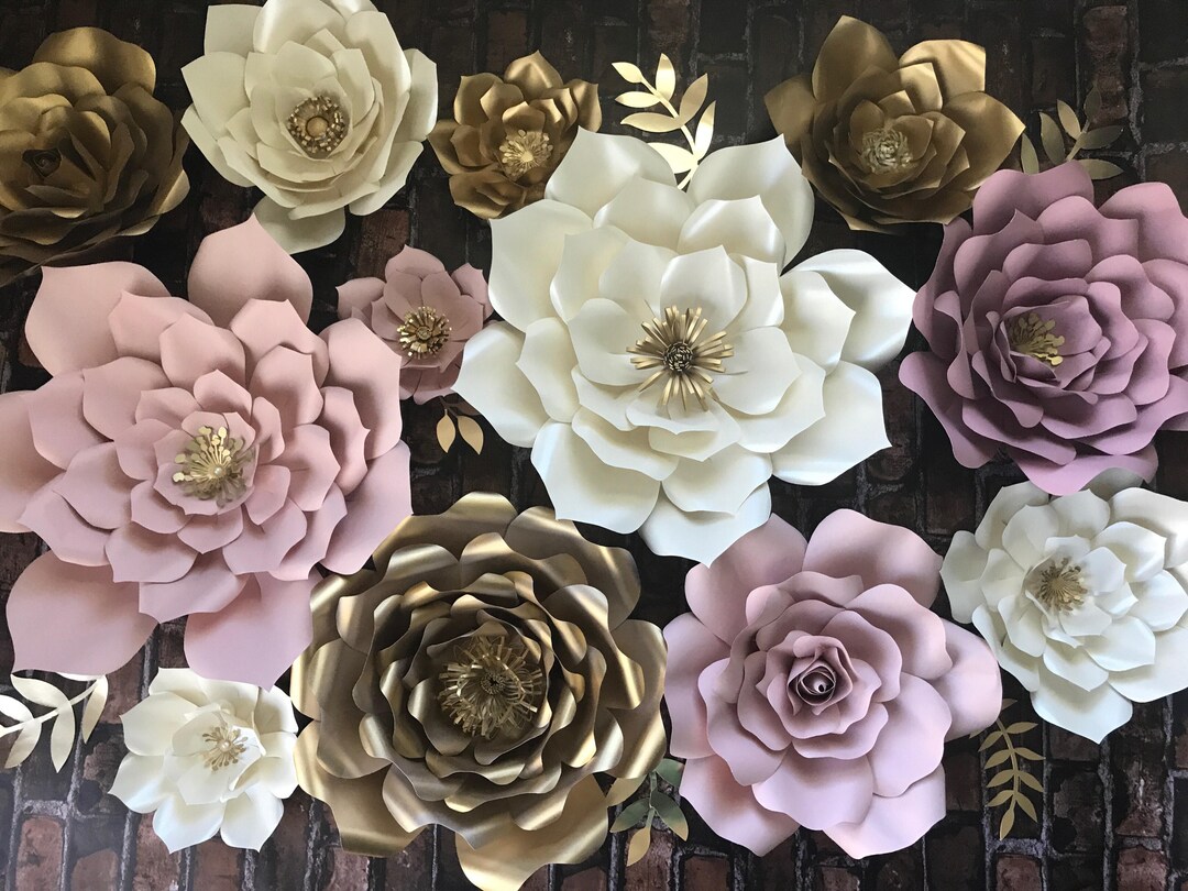 Paper Flowers Set of 12 & 6 Golden Leaves, Colors Blush Ivory and Gold ...
