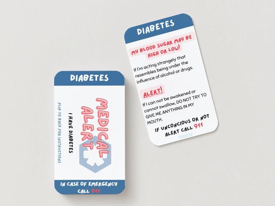 Printable Diabetes Medical Card | Digital Emergency Contact Card | Non ...