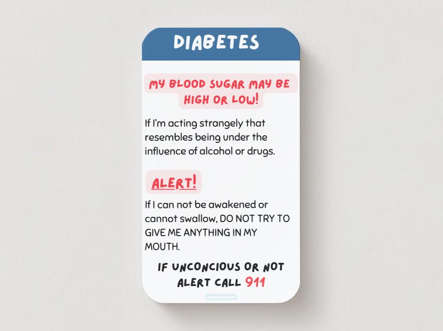 Printable Diabetes Medical Card | Digital Emergency Contact Card | Non ...