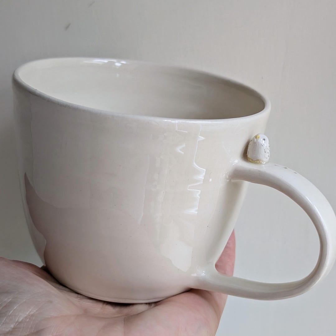 Snowy Owl Cup With White Bird and Prints, Ceramic Handmade Mug, Glazed ...