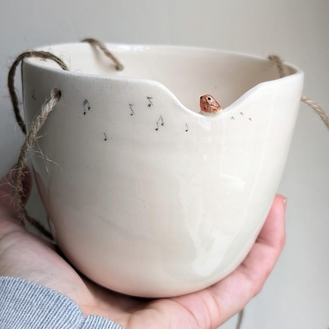 Hanging Planter With Robin and Musical Notes and Bird Prints in White ...