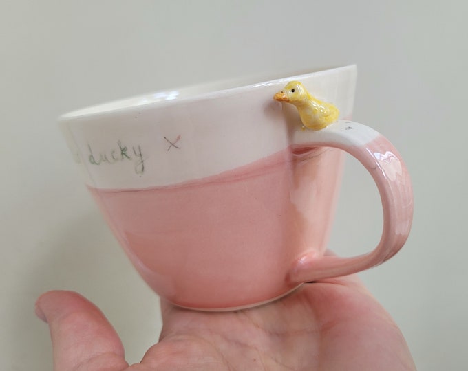 Duckling Ceramic Pink and Yellow Cup, Hello Ducky Bird Mug and Bird ...