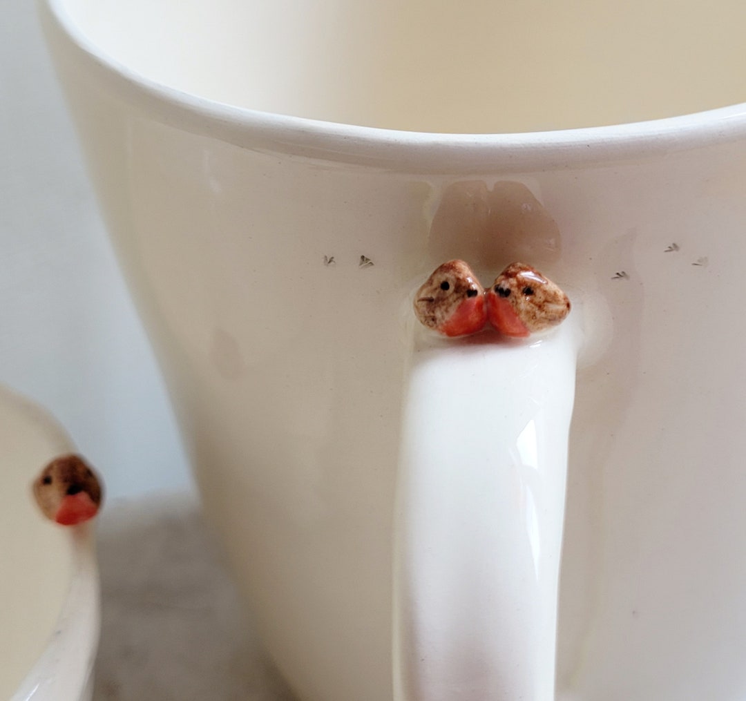 Robin Cup With Mini Bird Couple, Red Hearts and Footprints, Pottery ...