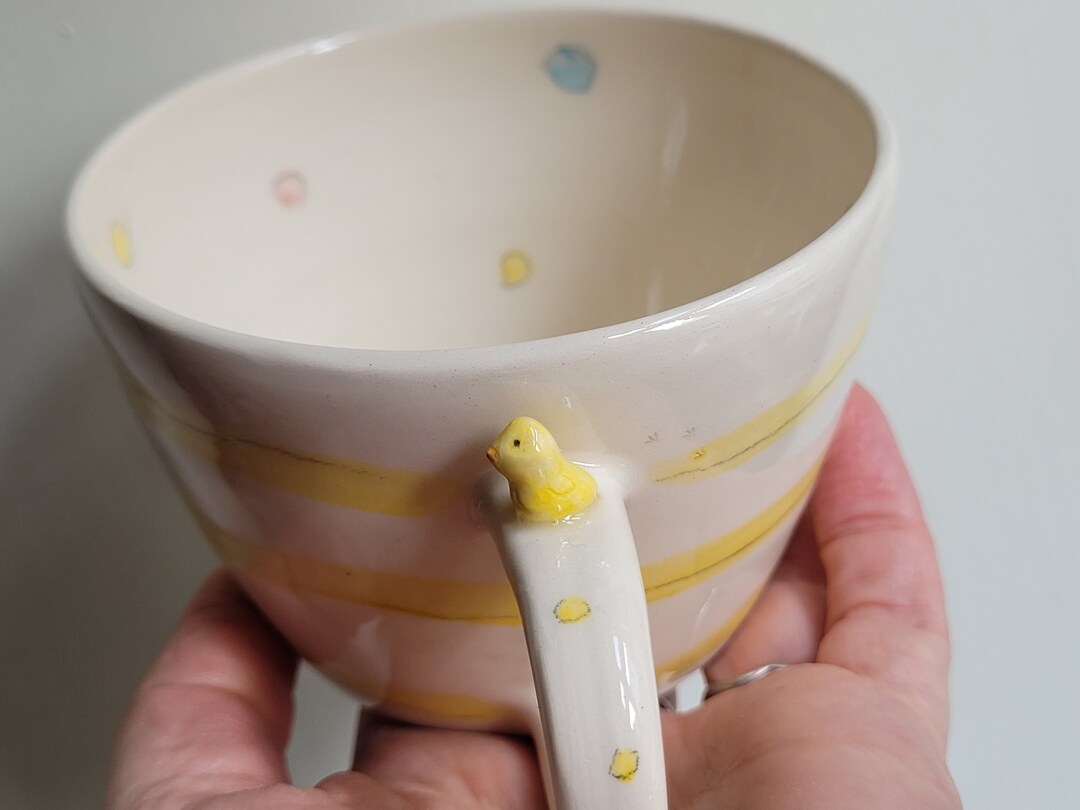 Chick Cup With Pink, Blue and Yellow Polka Dots, Ceramic Handmade Mug ...