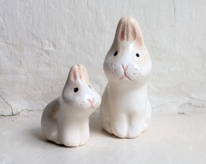 Beige and White Bunny Figurine, Pottery Handmade Bunnie Rabbit Gift ...