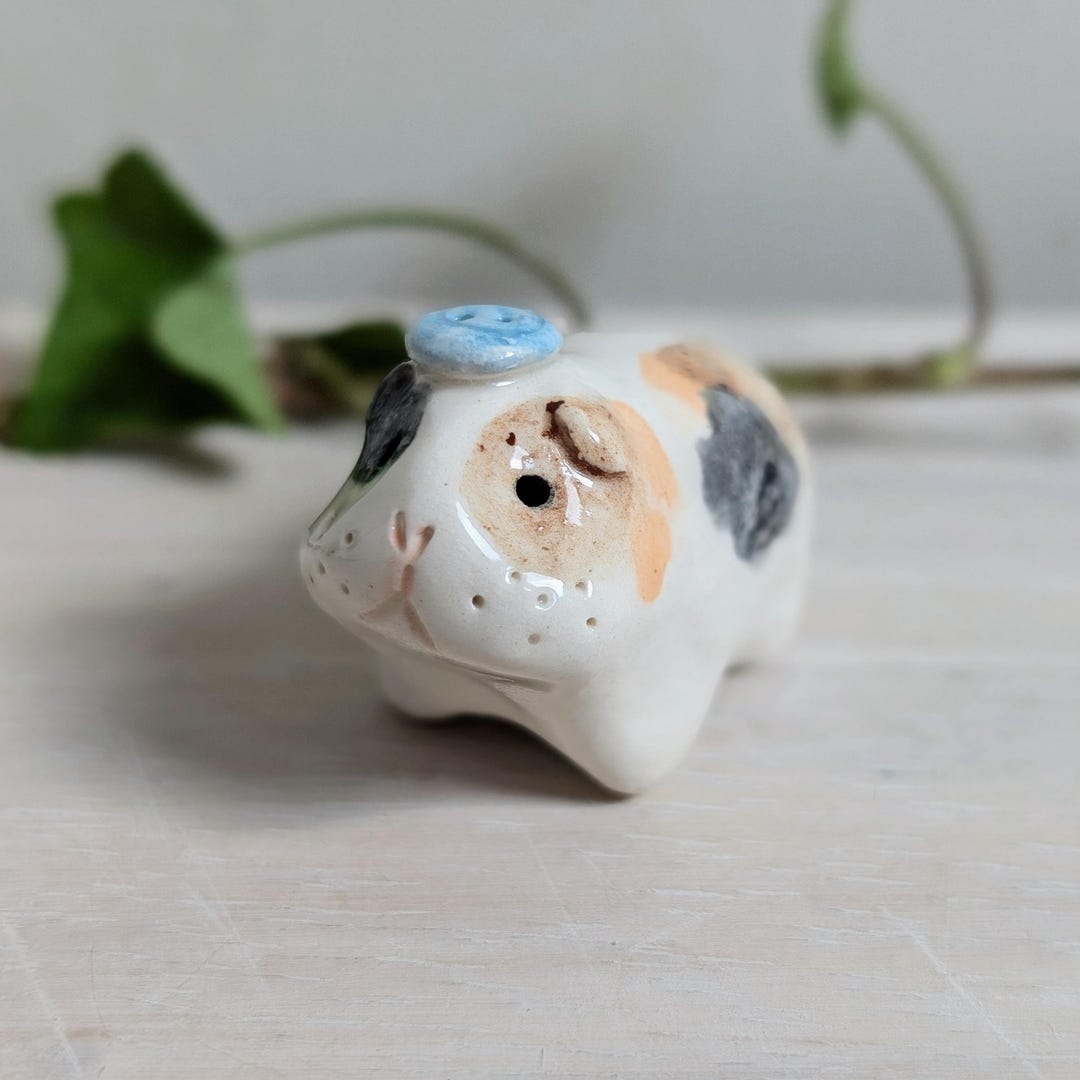 Ceramic Guinea Pig With Blue Button, Mini Hand Made Tri Colour Piggy ...
