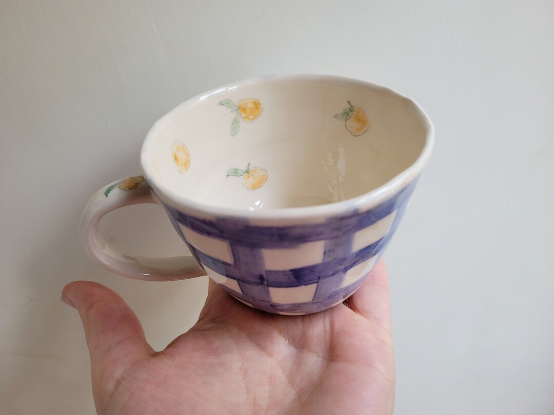 Lemons or Orange Fruit Cup With Dark Blue Hand Painted Gingham, Ceramic ...