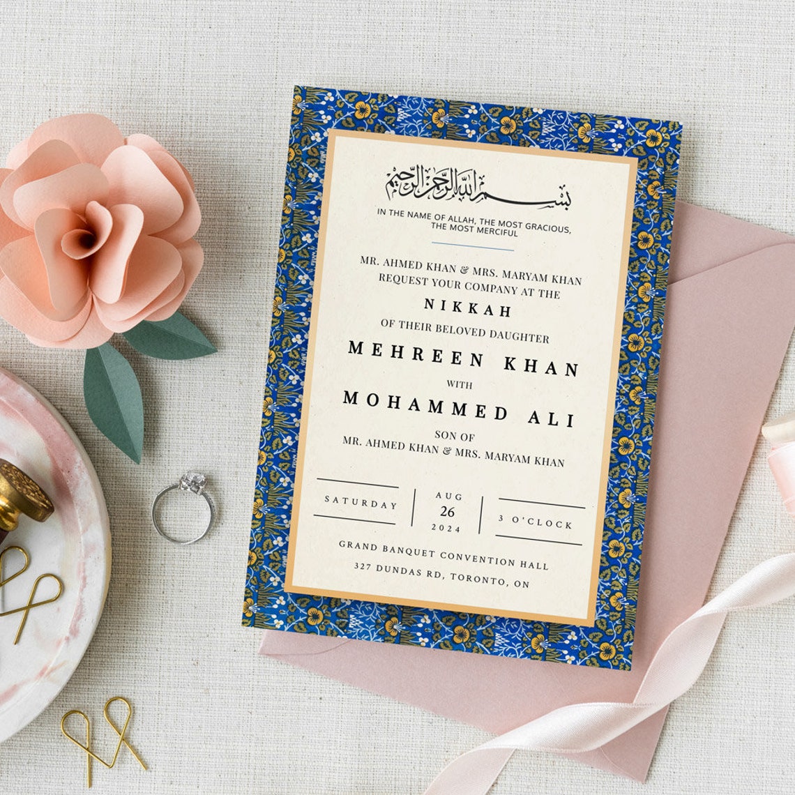 Floral Border Blue & Gold Nikkah Muslim Wedding Invitation - Etsy