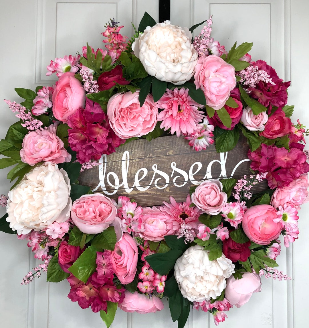 Pink Floral Wreath With Blessed Sign, Blessed Wreath, Pink Peony Wreath ...
