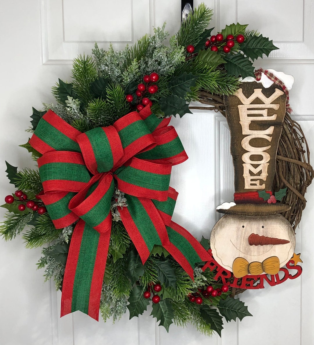 Rustic Snowman Traditional Red Green Wreath, Winter Holiday Wreath With ...