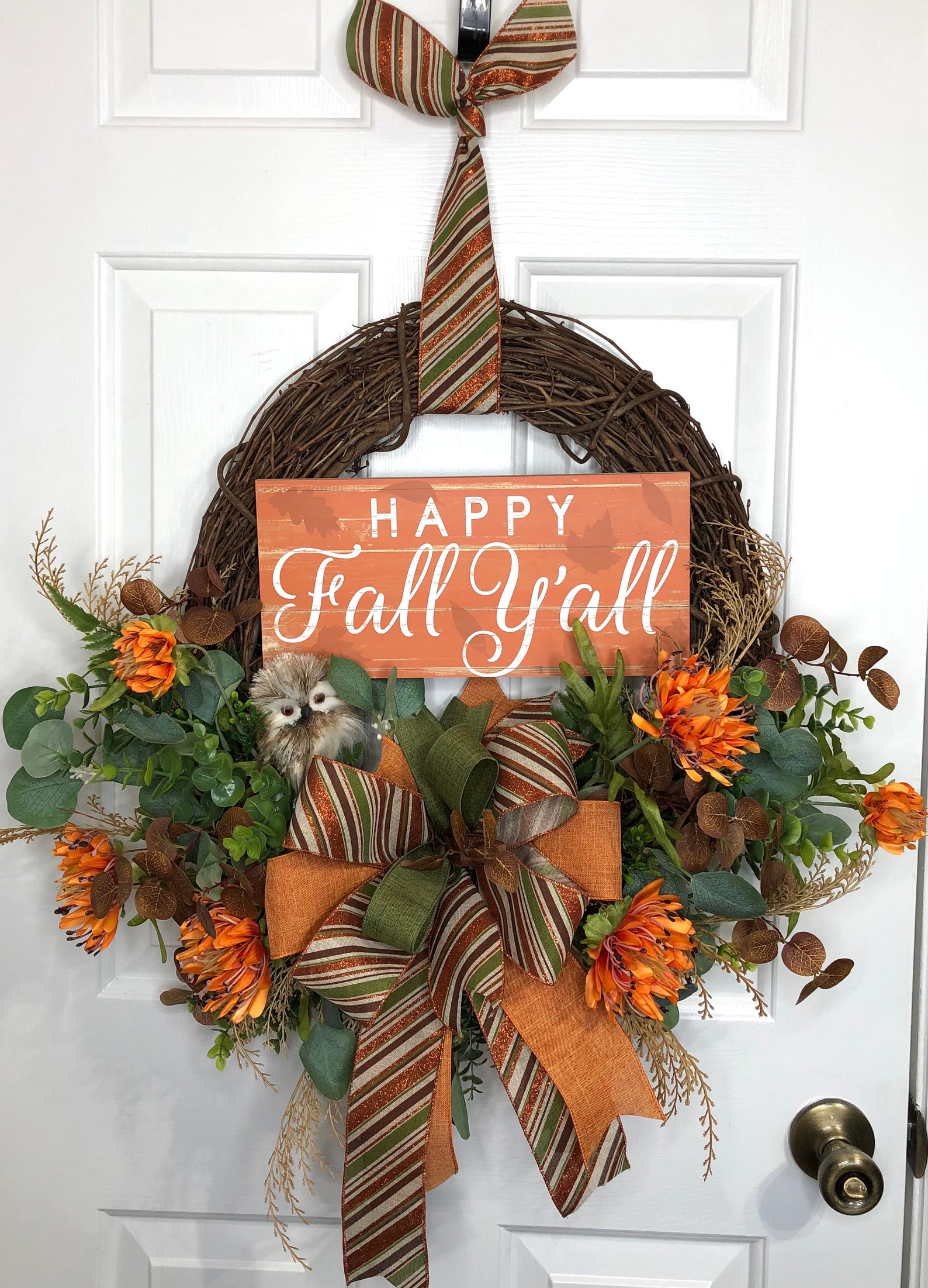 Happy Fall Y’all Sign on Grapevine Fall Owl Wreath for Front Door, Cute ...