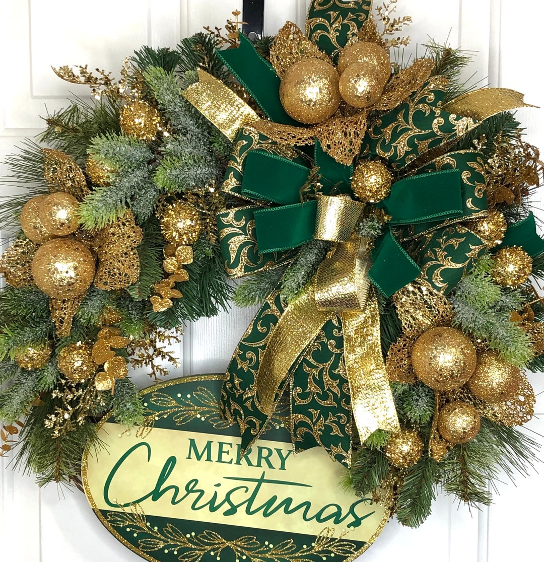 Green and Gold Christmas Holiday Front Door Wreath, Green Velvet ...