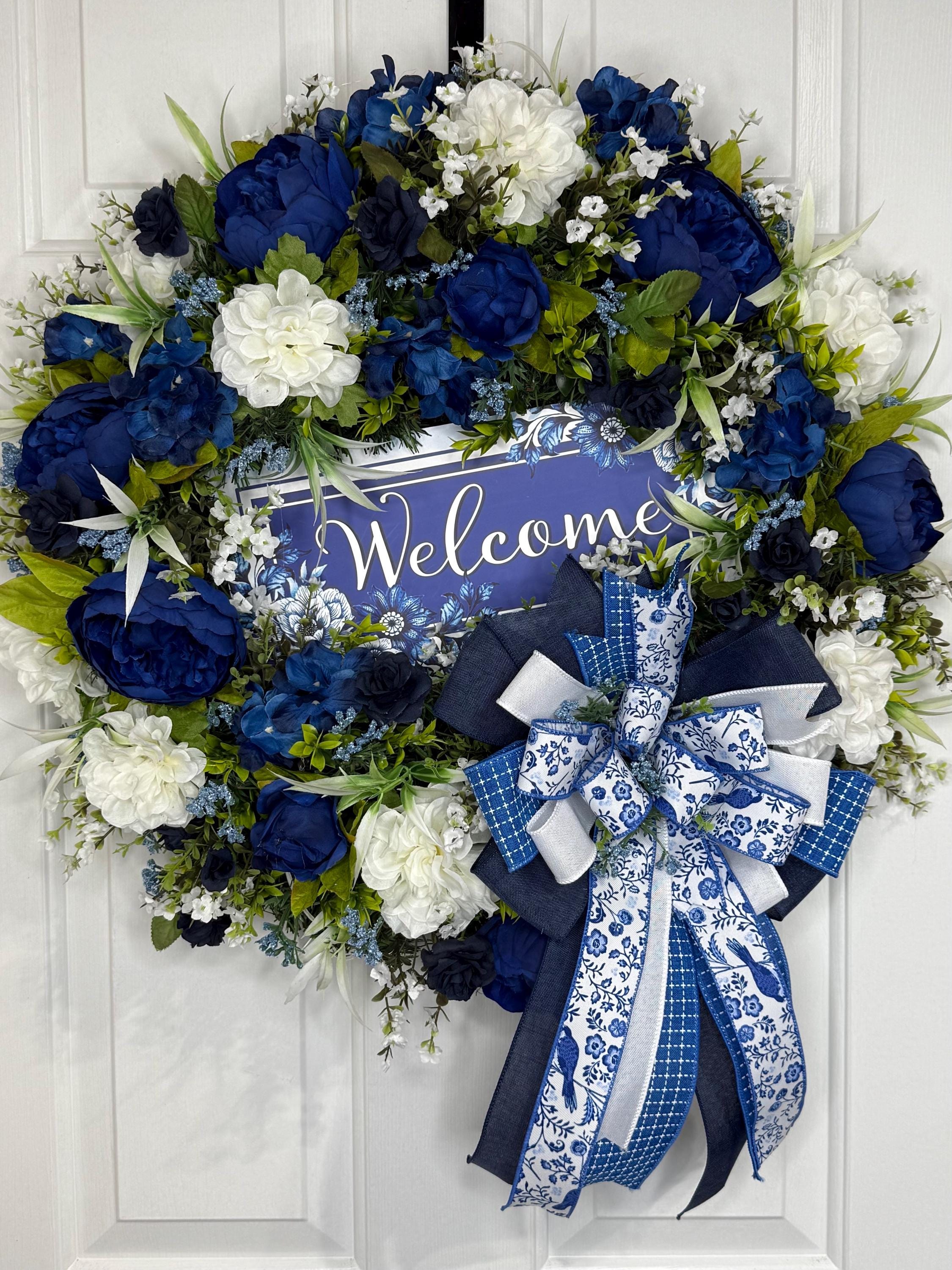 Blue and White Floral Welcome Wreath, Peony Wreath, Mother’s Day Wreath ...