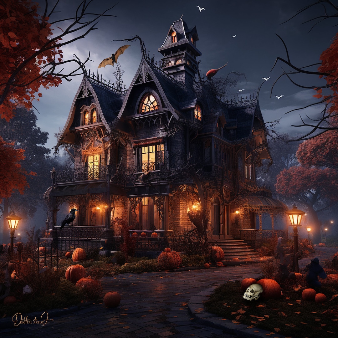 Art, Wall Décor, Haunted Mansion, House, Halloween, Pumpkins, Trees ...