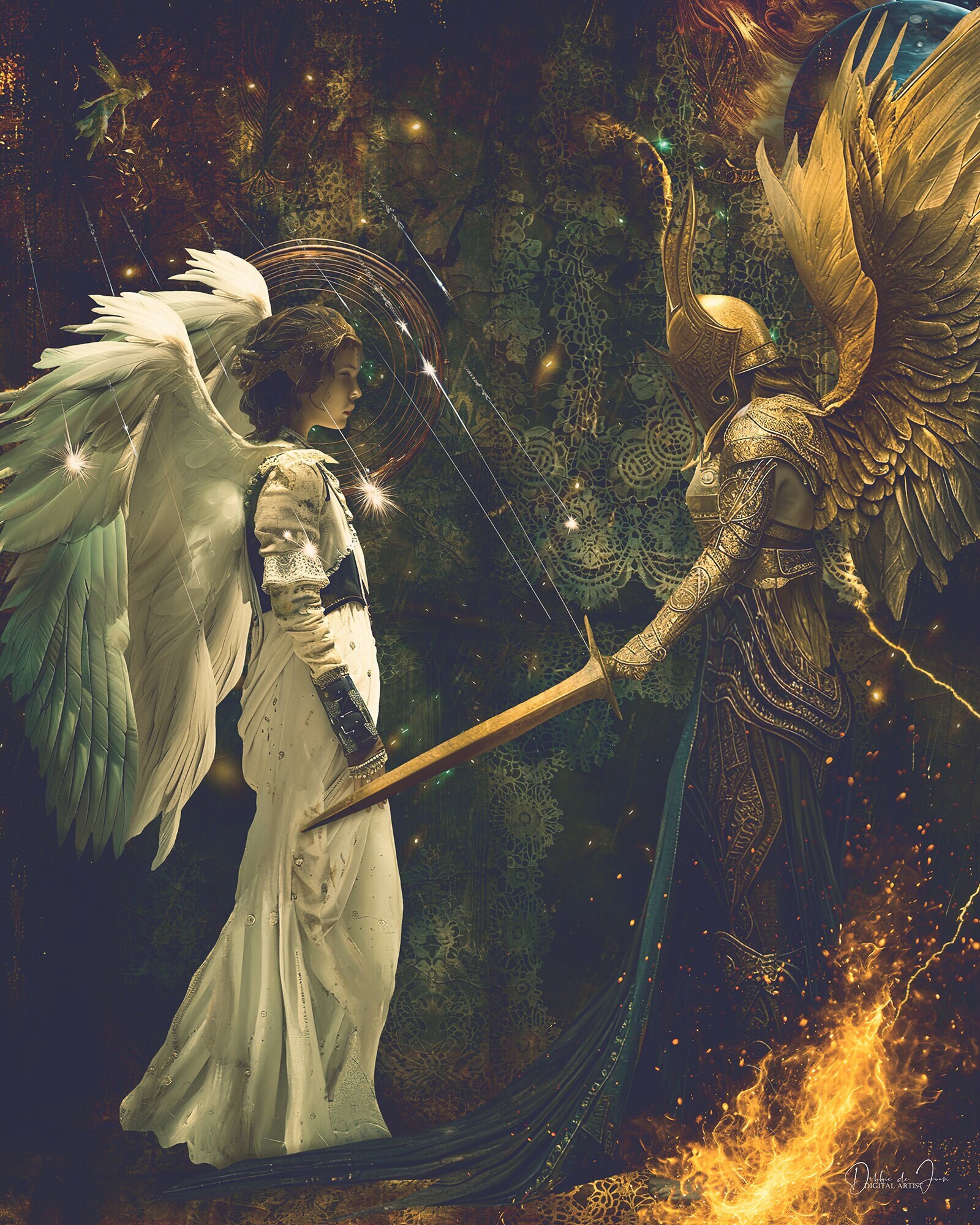 Bowing Before Grace, Angel, Knight, Sword, Wings, Fairy, Halo, Sparkles ...