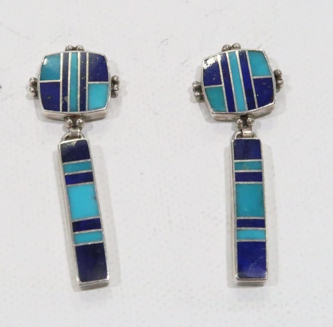 Ray Tracey Knifewing Segura Turquoise and Lapis Inlay Sterling Dangle ...
