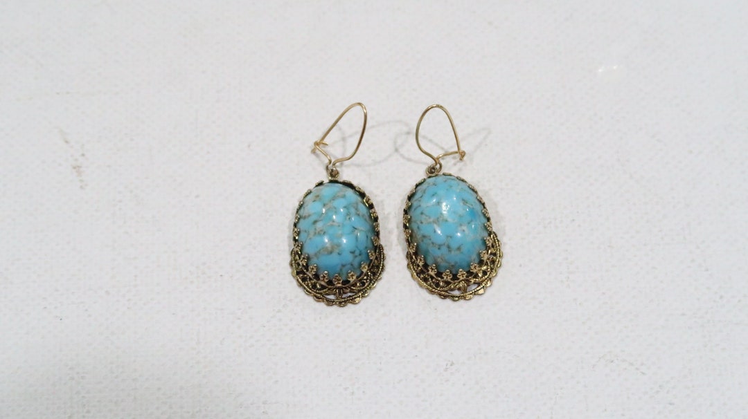 Victorian Turquoise?hubbell Glass? Cabochon Earrings With Filigree Work ...