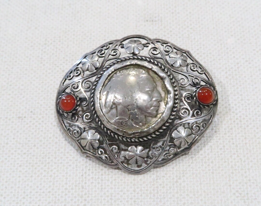 Navajo Indian Head Buffalo Nickel Brooch on 800 Silver With Filigree ...
