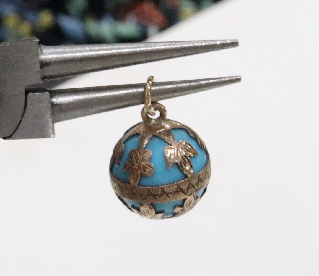 Antique Turquoise Glass Orb Covered in a 10K Floral Wrap With a 14K ...