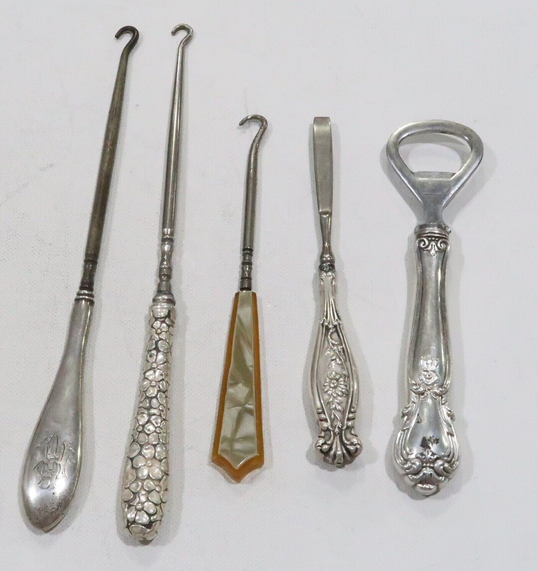 Vintage Victorian Sterling Set of Shoe Button Hooks, a Pair of Tweezers ...