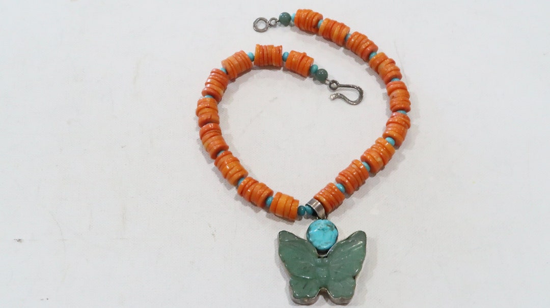 Vintage Native American Jade Butterfly With Turquoise, Coral or Spiny ...