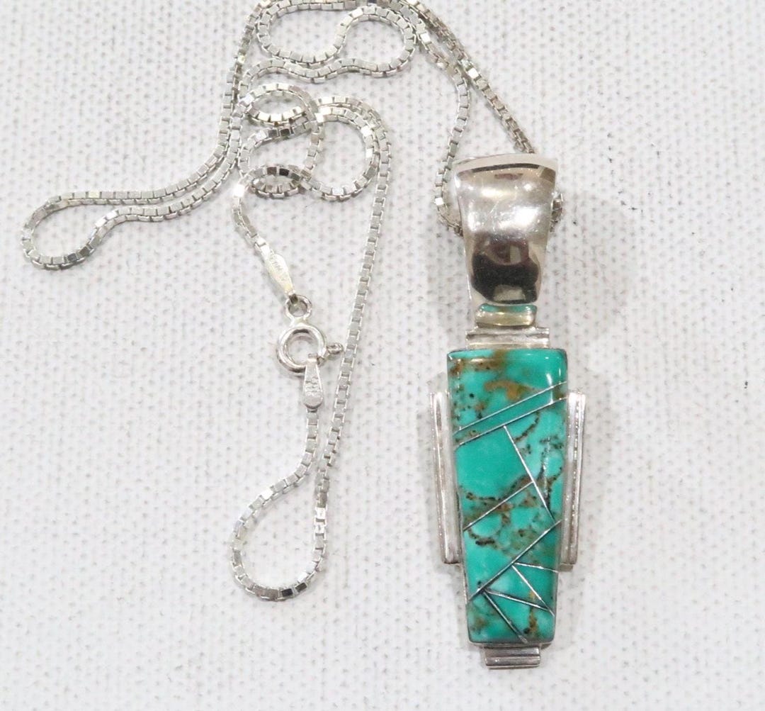 Stunning Native American Turquoise Inlay Sterling Pendant With Chain - Etsy