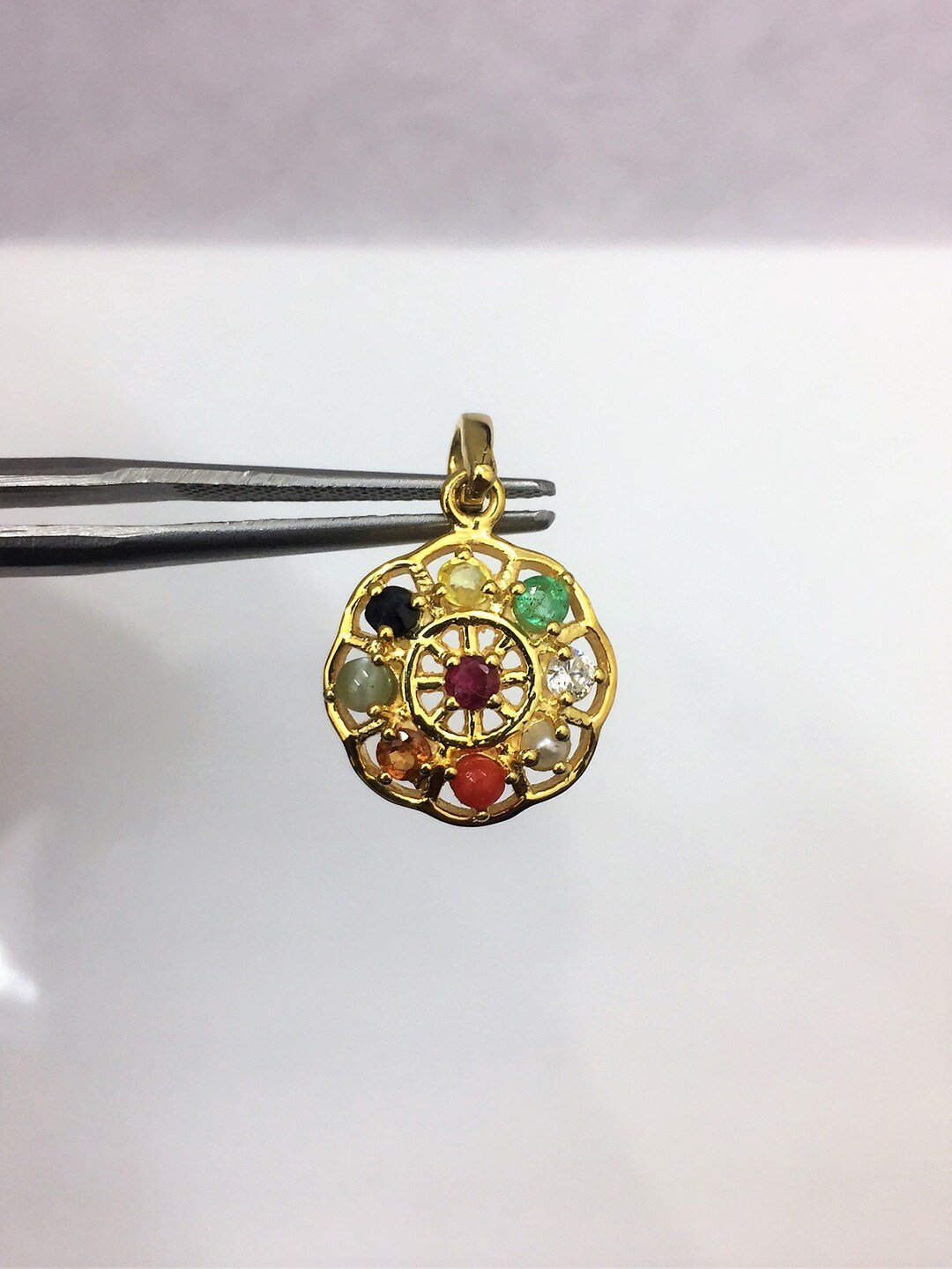 GOLD Gemstone Pendant, Beautiful Gold Pendant Studded With 9 Natural ...
