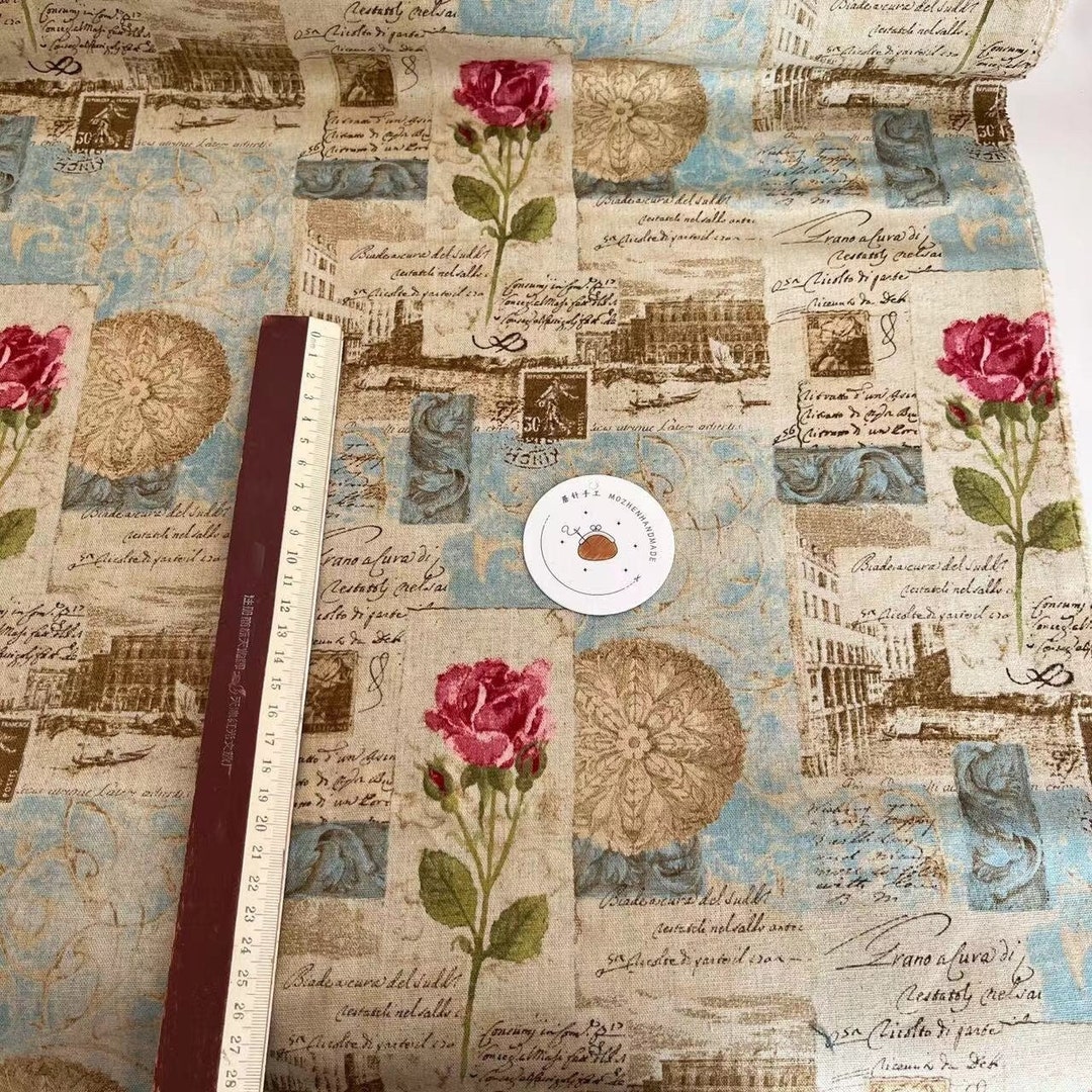 1137# Romantic Roses, Old Photos, Newspaper, Stamps Cotton Linen Fabric ...