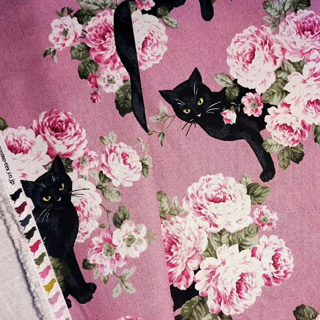 1158# Black Cats With Rose Flower Pattern Japanese Prints Cotton Linen ...
