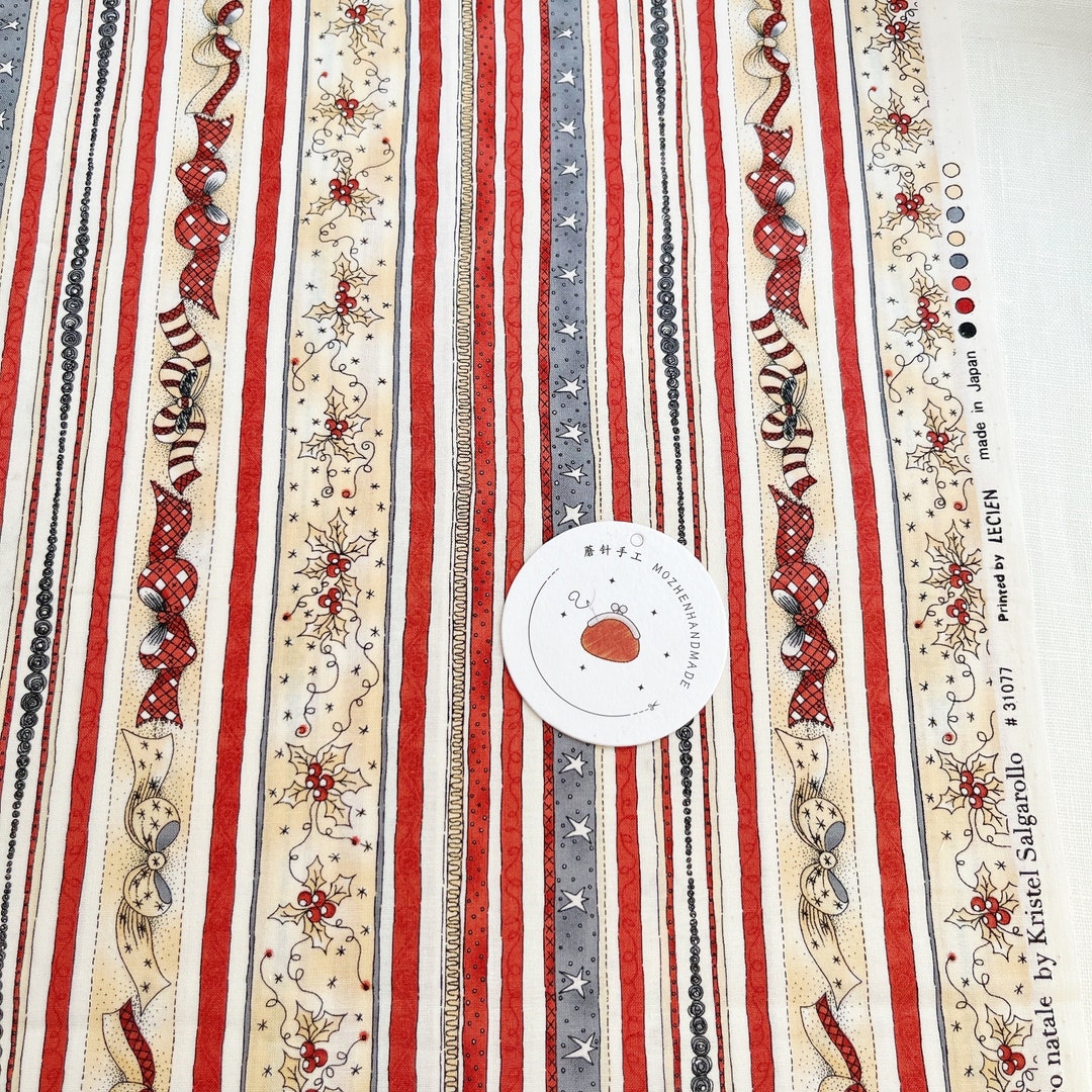1069# LECIEN Wintertime Mistletoe Snowflake Floral Stripe Pattern Cotton Fabric/ Red Bow Ribbon ...