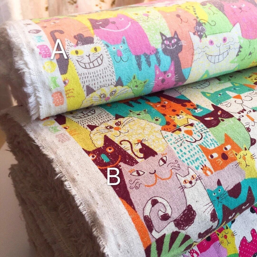 1015 Fun and Happy Big Cat Smiling Pet Animal Pattern Cotton Linen ...