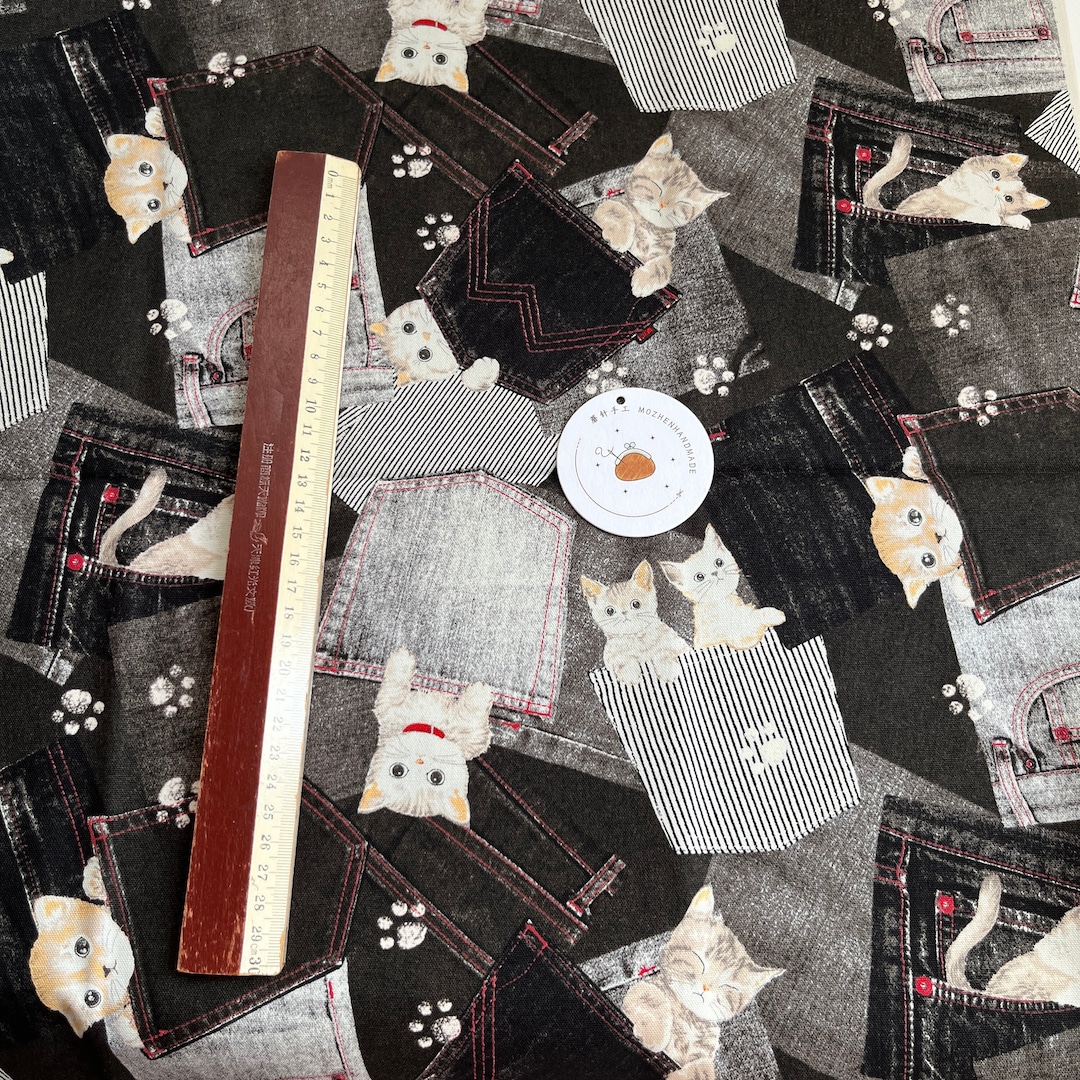 1202# Cute Cat Kitten in Denim Jeans Pocket Pattern Cotton Fabric ...
