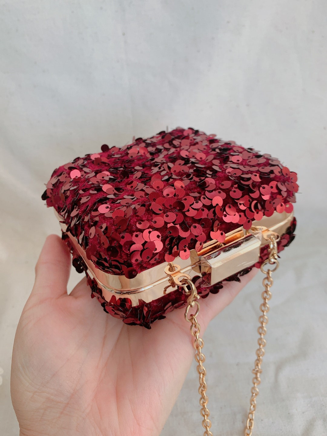 611# Handmade Sequin Glitter Party Red Clutch/ Box Shape Clubbing Purse ...