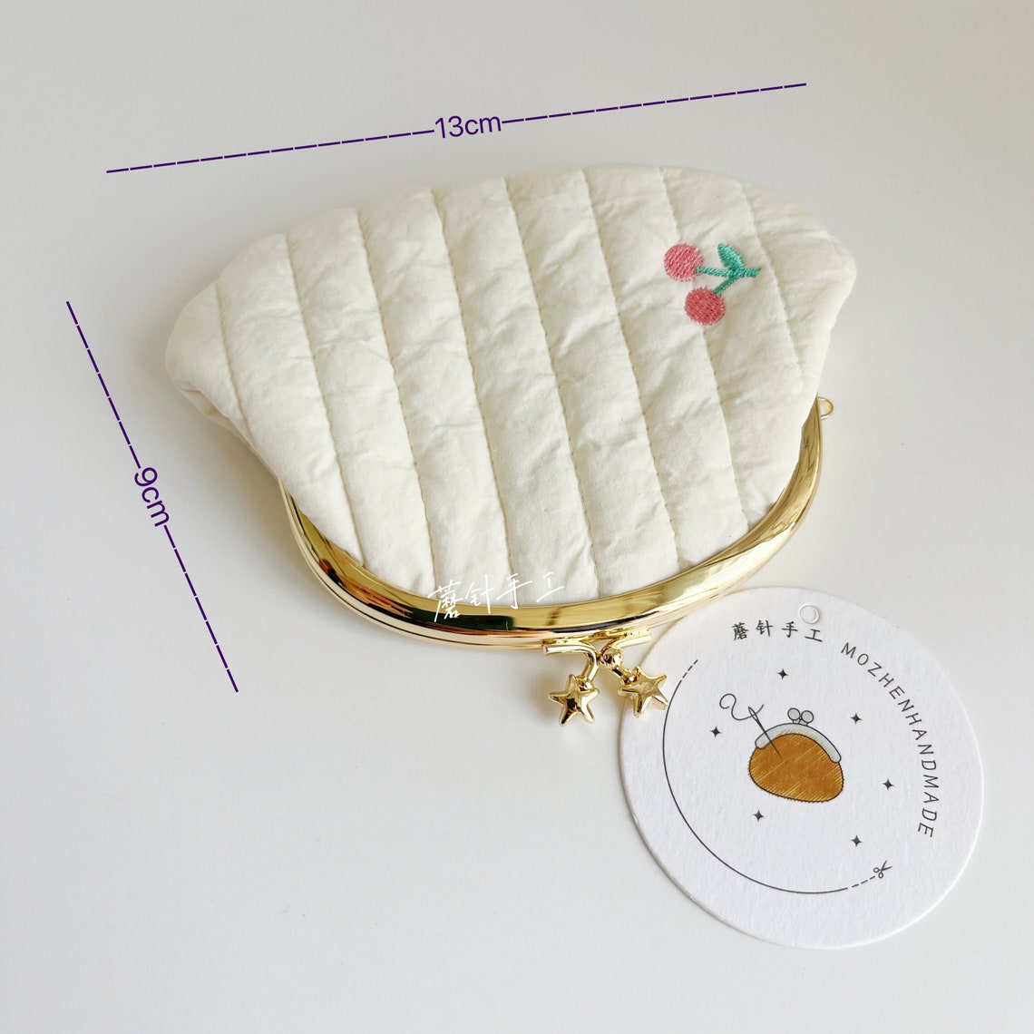 528 Handmade Cute Cherry Pattern White Kiss Lock Coin Purse Clutch With ...