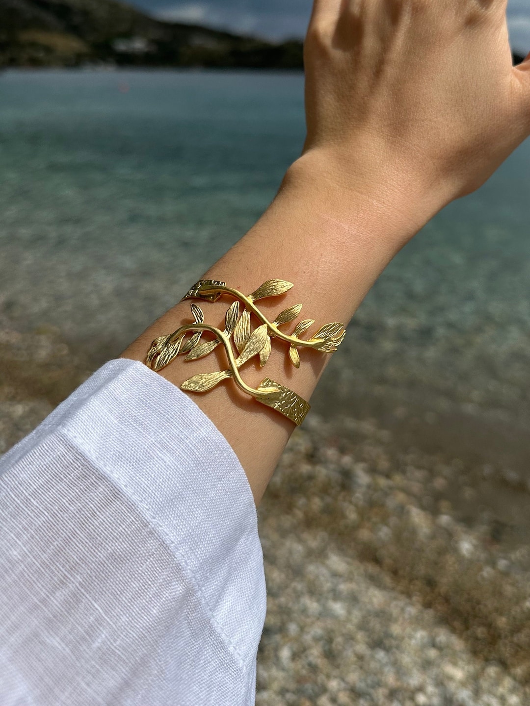 Greek Athena Bracelet, Lower Leaf Arm Cuff, Grecian Leaf Bracelet, Gold ...