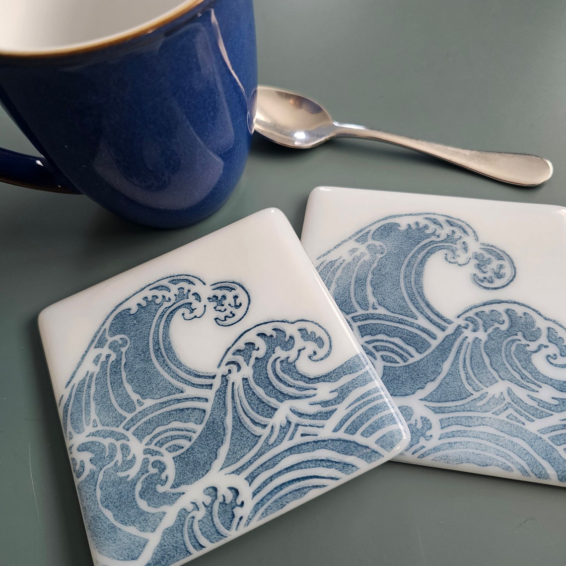 THE WAVE Coasters. A Pair of Fused Glass Coasters With Beautiful Blue ...