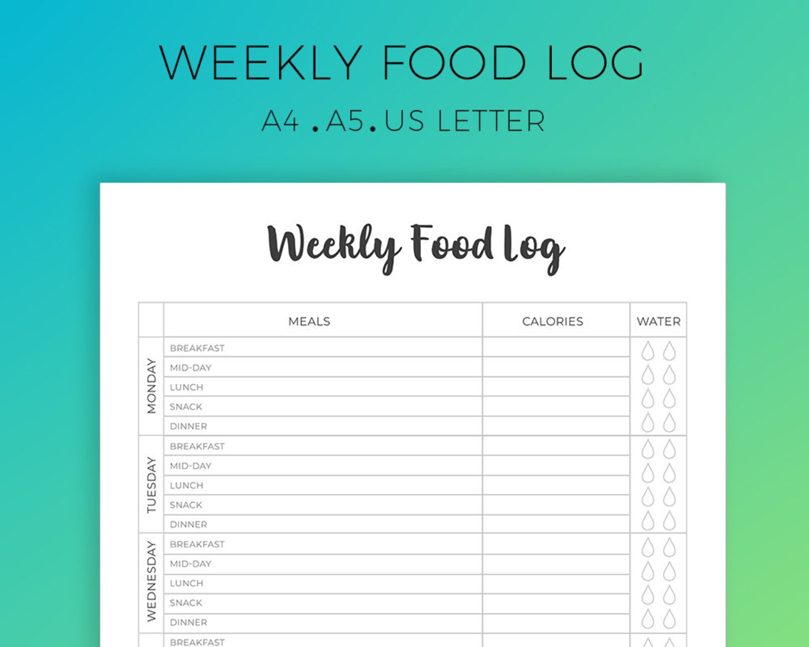 Weekly Food Log Printable Daily Food Tracker Diet Planner - Etsy