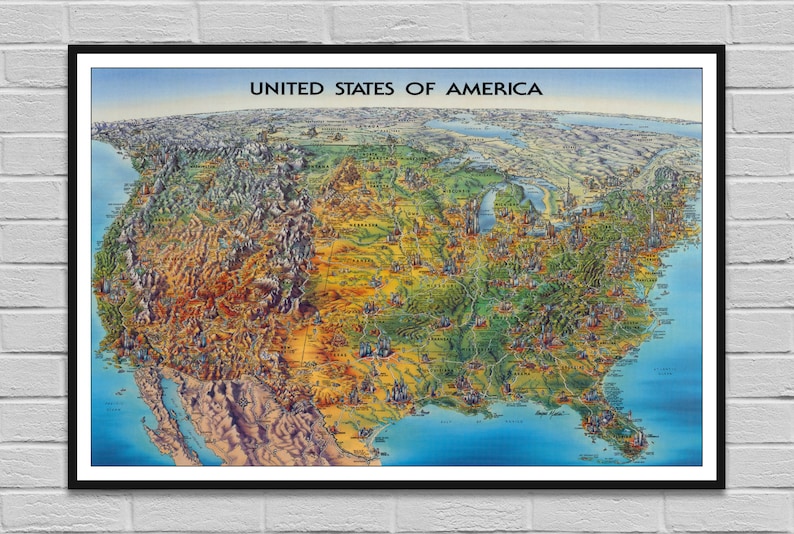 USA Media Map / Old Poster Map of America / Vintage Print / Wall Art ...